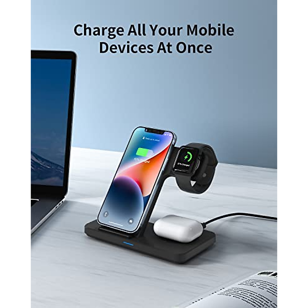 JoyGeek Foldable 3-in-1 Wireless Charger - Charging Dock for Apple, Wireless Charger Station for iPhone 14/13/12/11 Pro, Pro Max, Plus, Mini/SE/X/8, iWatch Ultra/8/7/6/SE/3, AirPods Pro/Pro2/2/3