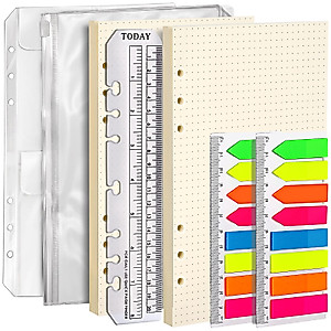 LEOBRO Refillable A5 Notebook Set, 2 Pack A5 Dotted Filler Paper, 320 Pcs Index Tabs, with Binder Pocket, 3-Pocket Loose-Leaf Bags, Ruler Marker, Paper Refill for 6-Ring A5 Binders Planner Notebook