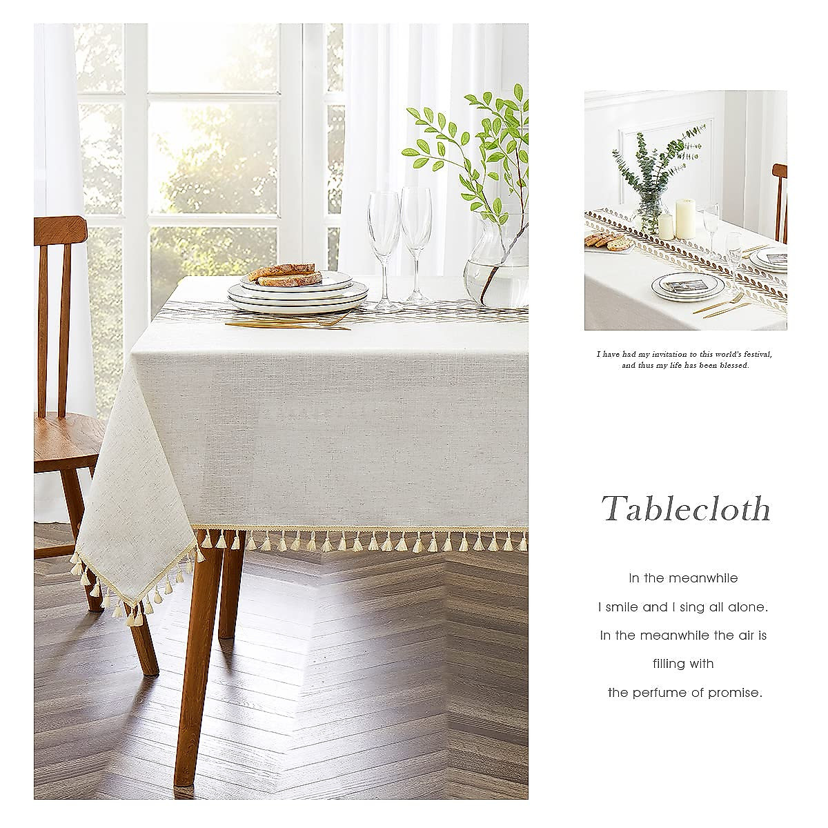 QIANQUHUI Embroidered Tablecloth for Dining Table,Dust Proof Spillproof Soil Resistant Cotton Linen Rectangle Table Cloths (Coffee Wheat, Rectangle/Oblong, 55'x70'', 4-6 Seats)