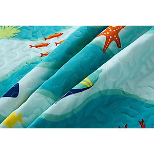 TT LINENS 2 Piece Kids Quilt Set Lightweight Bedspread Decoration Throw Blanket Teens Boys Girls Bed Printed Beach Sea Sea Life Bedding Coverlet Comforter Set/ 277 Fish Quilt (Twin)