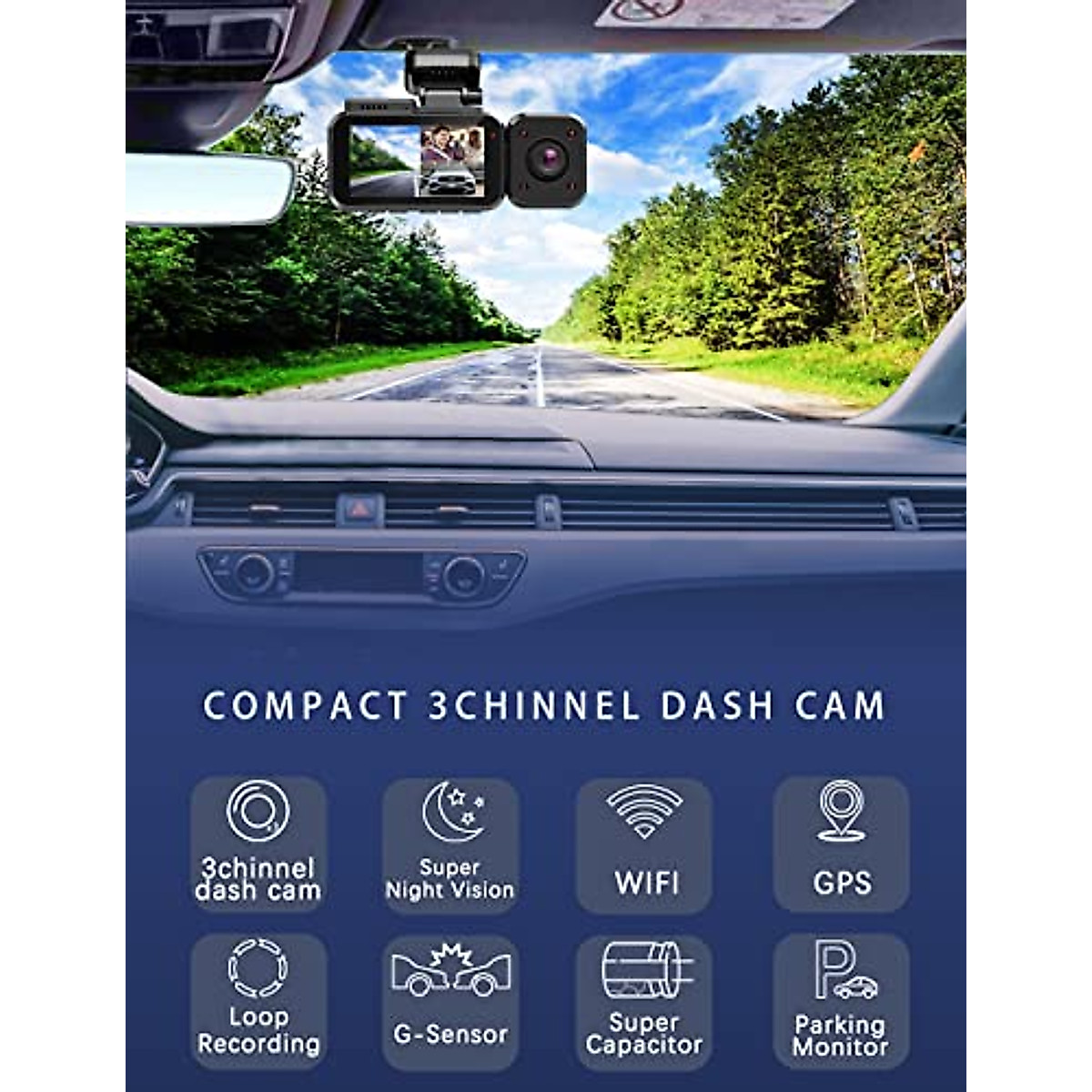BPYY 3 Channel 4K Dash Cam, 4K+1080P+1080P Front and Rear and Interior, Dash Camera for Cars Built-in 5G WiFi GPS, HD Camera, 24-Hour Parking Mode, WDR, IR Night Vision, G Sensor, Support up to 256G