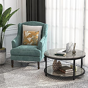 WiberWi Round Coffee Table 33.5" Coffee Tables for Living Room High Glossy Faux Marble Top Modern Circle Table Sturdy Black Metal Frame Legs Cocktail Table with Storage Open Shelf