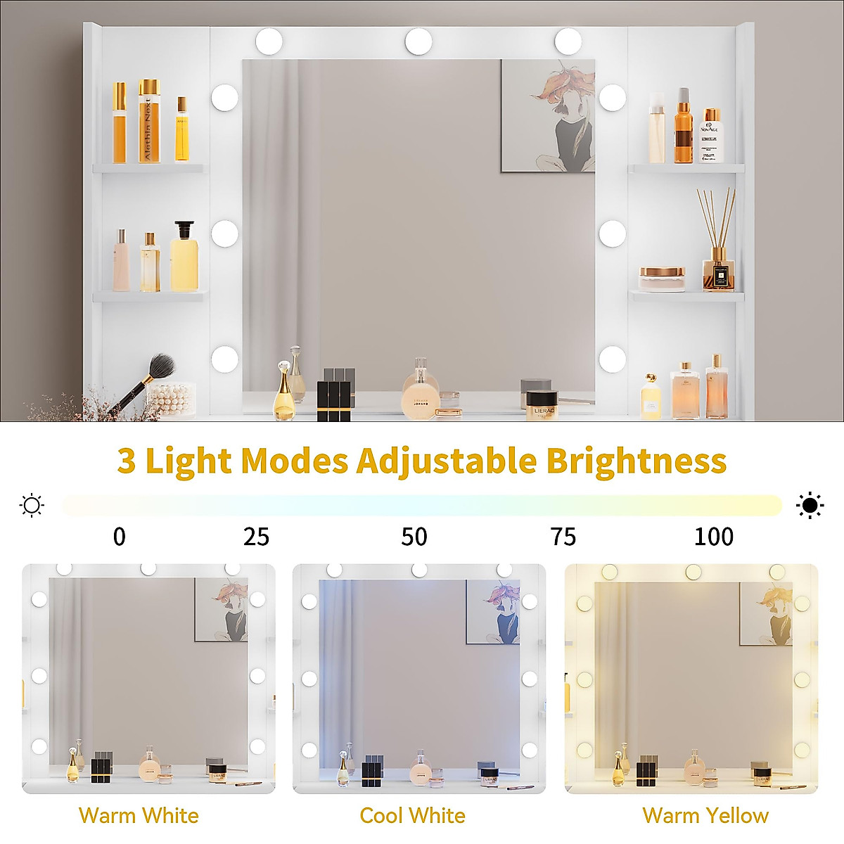 DWVO Vanity Desk with Mirror and Lights, Makeup Vanity Set with Power Outlet, Drawers & Cabinet, 3 Colors Lighting Adjustable Brightness, Dressing Table for Bedroom, Storage Stool, Off White