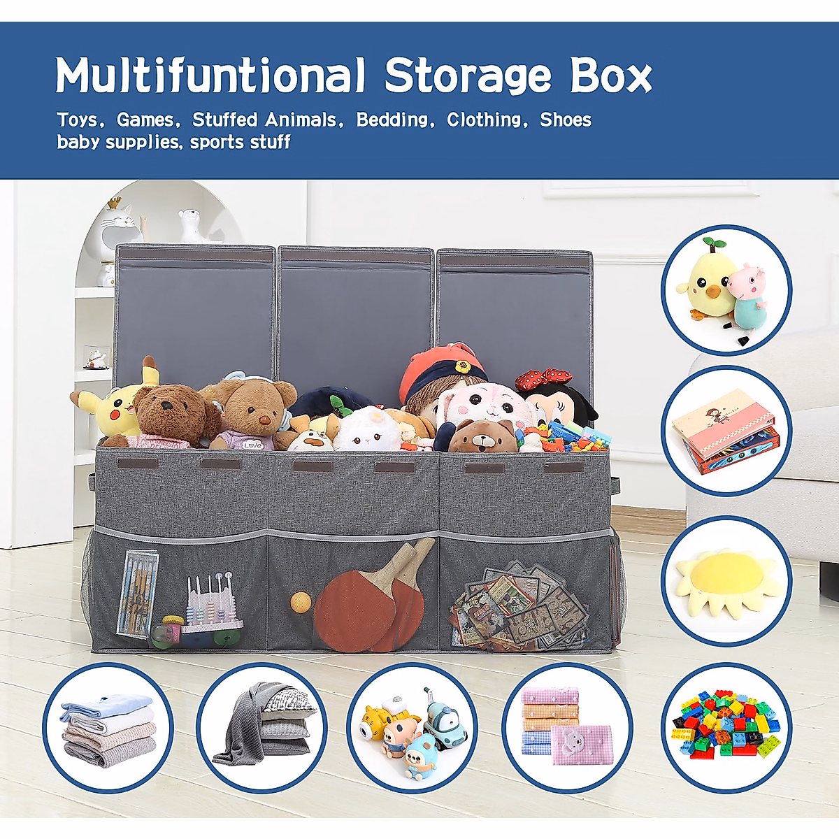 Remittur Extra Large Toy Box Chest with Mesh Pockets, Kids Toy Storage Organizer Bakest Box, Foldable Toy Organizers and Storage Bin with Lids, Toy Bin for Kids, Boys,Girls,Nursery,Playroom,Office