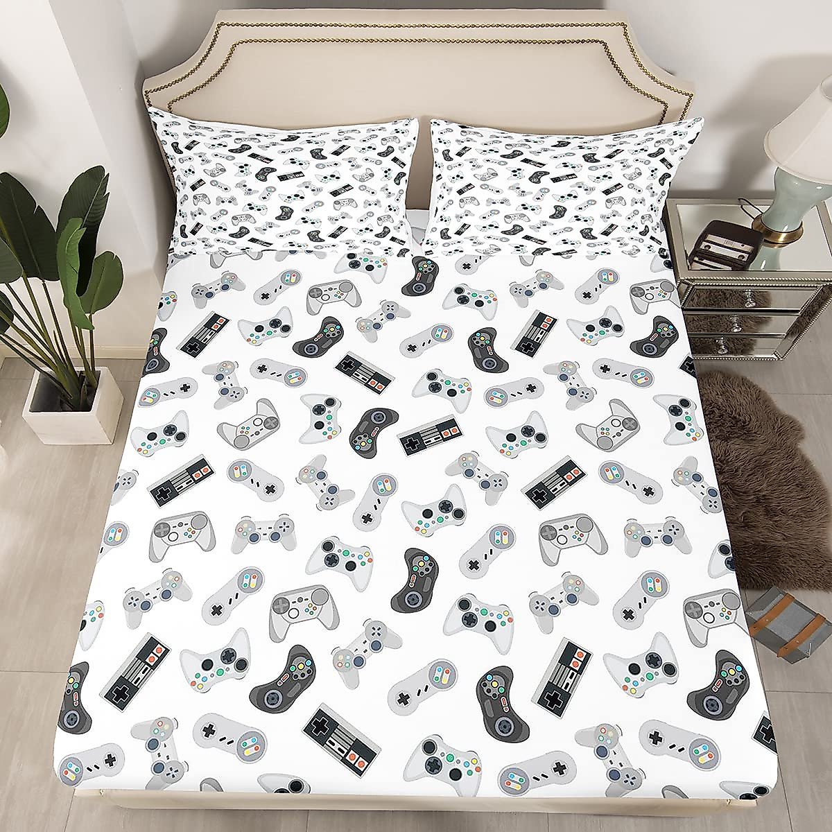 Manfei Teens Gaming Sheet Set Full Size Kids Video Games Bedding Set 4pcs with Deep Pocket Fitted Sheet + Flat Sheet + 2 Pillowcases Boys Gamer Controller Bed Sheet Set for Game Room Decor