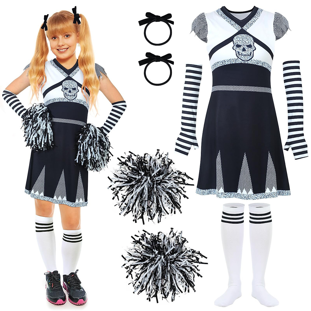 Haull 9 Pcs Cheerleader Costume for Girls Ra Ra Rebel Cheerleader Costume Outfits for Halloween Cosplay Dress up(4-6 Years)