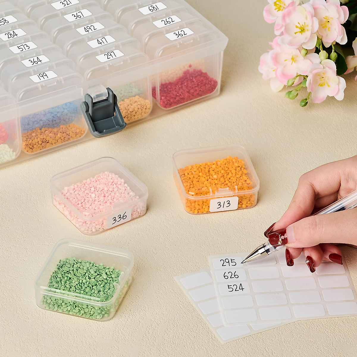 Mauproy Small Bead Organizers with Handle, 24 Pcs Plastic Storage Cases, Mini Clear Craft Containers with Hinged Lid and Label Small Parts Storage Boxes for DIY Art Craft Accessories
