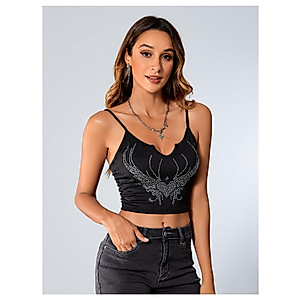 SOLY HUX Women's Y2k Gothic Lace Trim Cami Crop Top Sleeveless Sexy Tank Tops Camisole Clubwear Outfit Black Rhinestone Heart L