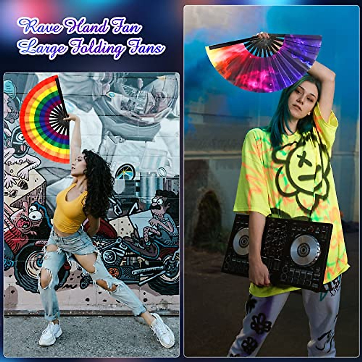 4 Pieces Rave Hand Fan Large Folding Fans Craft Hand Fans for Women Holographic Rainbow Hand Fan Performance Hand Fan with Bamboo Ribs Nylon Cloth Folding Dance Fan with Chinese Style Fan Bags Present