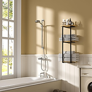 EYOCAL Towel Rack for Bathroom, Large Wall Mounted Metal Towel Holder Storage with Wood Shelf for Kitchen Living Room Bedroom（Black）