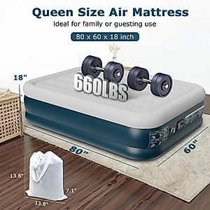 Sprinq Queen 18 Inch Adjustable Portable Air Mattress with Built-in Pump, Flocked Top Layer for Home & Camping Travel - Green