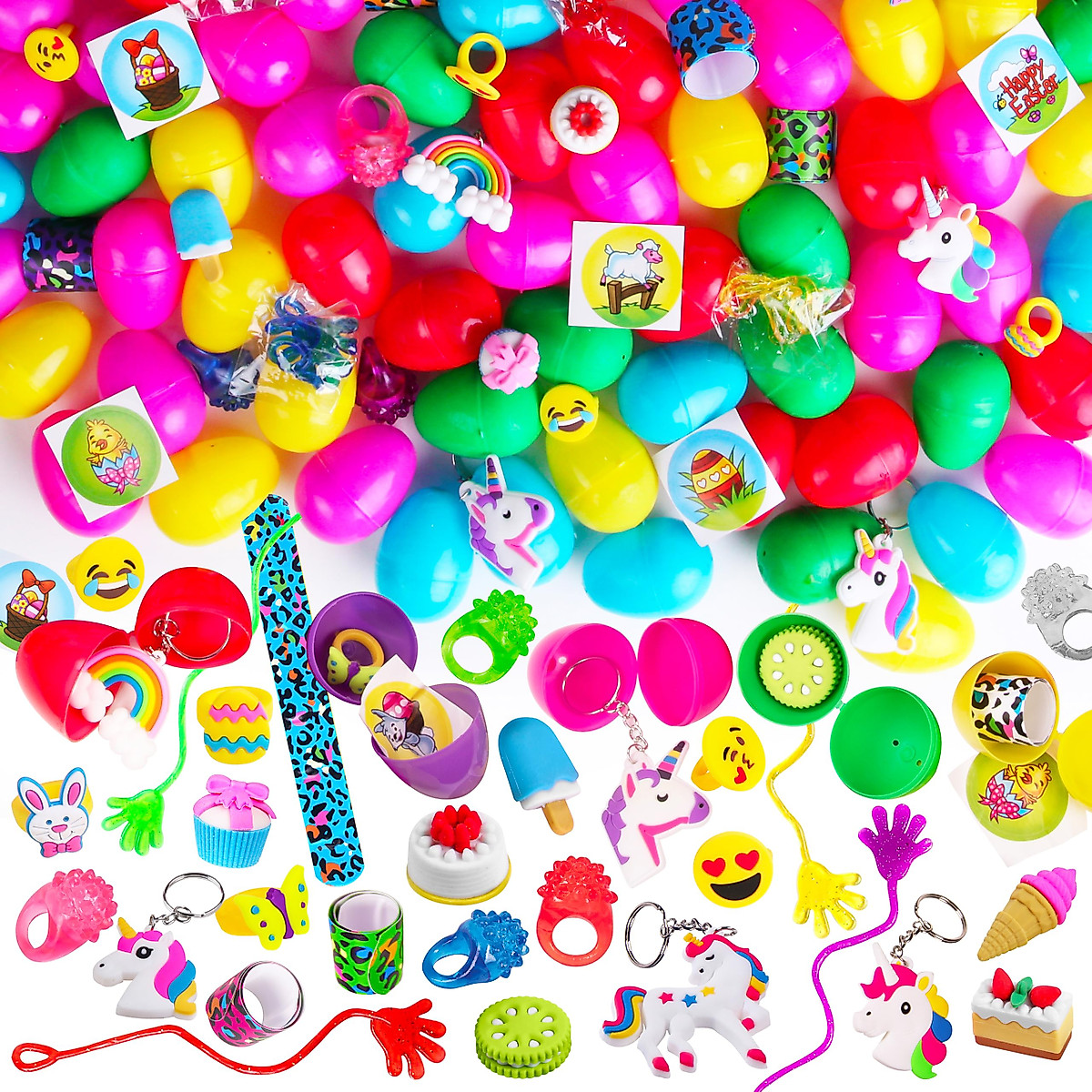 100-Pcs Easter Eggs with Toys Inside I Prefilled Easter Eggs Includes Slap Bracelets, Sticky Hands, Light Up Rings & More I Plastic Easter Egg Fillers for Your Easter Egg Hunt Bulk Easter Party Favors