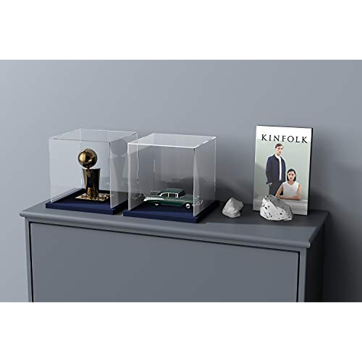 Clear Acrylic Display Box with Blue Velvet Base, Simple Self-Assembly Dustproof Showcase, Cube Countertop Box for Collectibles, Toys, Home Organization (8x8x8 inch)