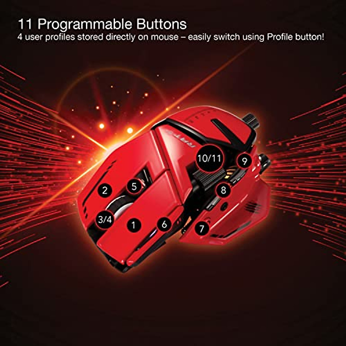 Mad Catz R.A.T. 8+ ADV Fully Adjustable Wired Gaming Mouse - Metal Base - 20000 DPI - 11 Programmable Buttons -4 User Profiles Stored Directly – Customize RGB LED- Tunable Weight System - Red