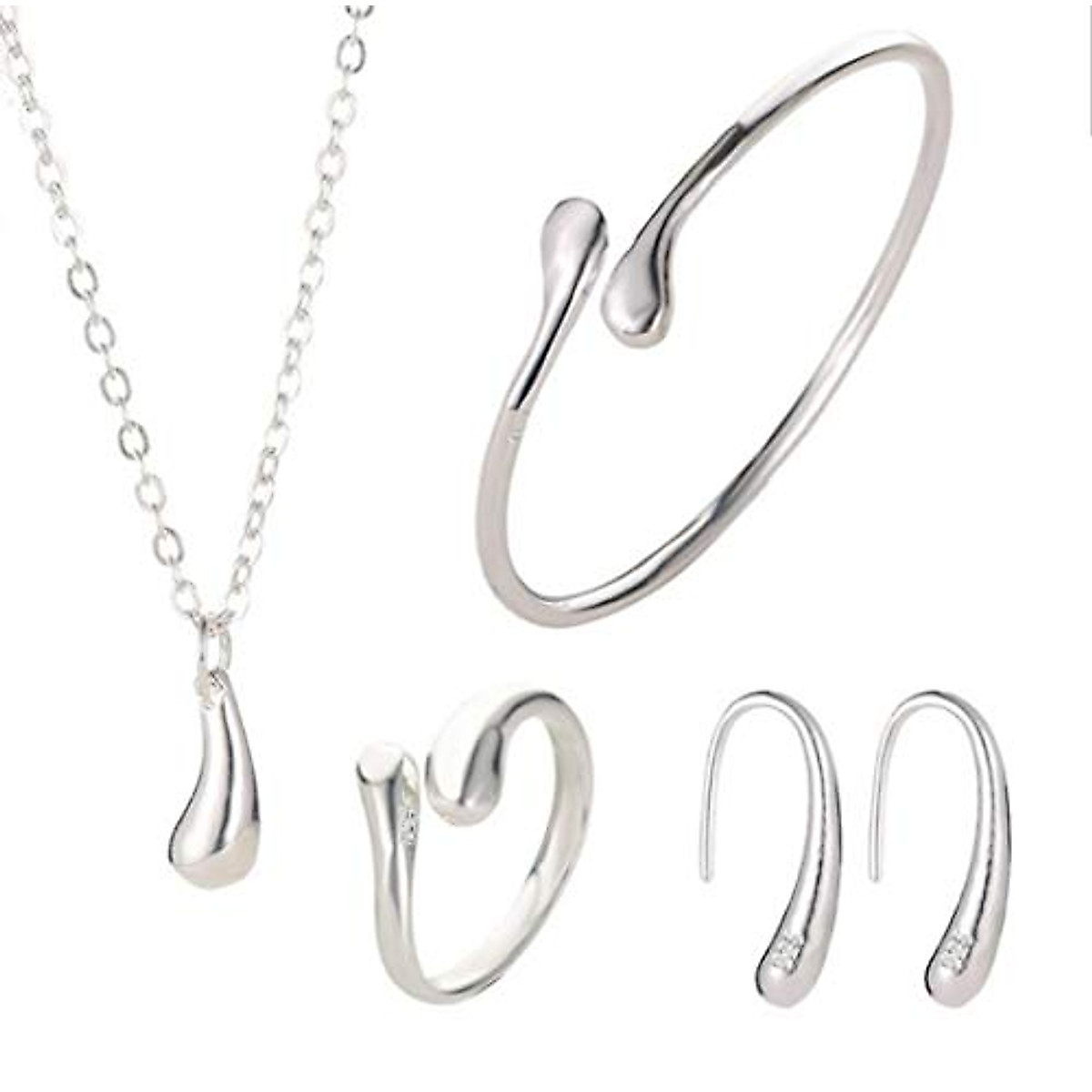 4PCS 925 Sterling Silver Jewelry Set for Women Teardrop Pendant Necklace Earrings Bracelet Ring Fit with Party Meeting Dating Wedding Daily Birthday Gift