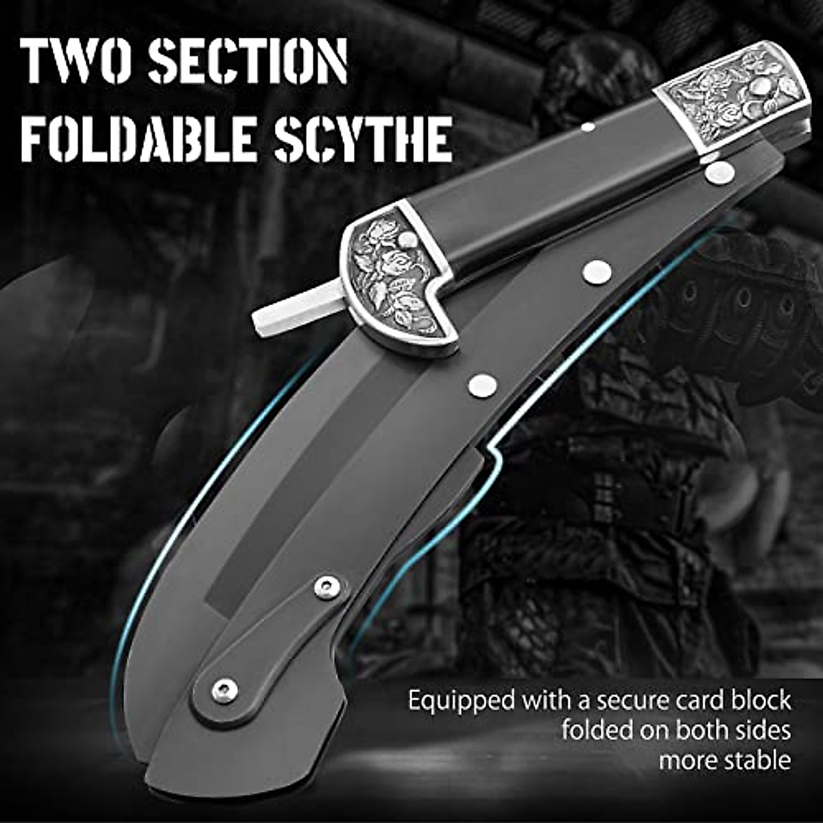 VALHALLA Folding Sickle, Black Sharp Blade with Two Section Foldable Scythe, Wooden Handle Folding Scythe, Folding Sickle Knife, Sheath for easy carrying