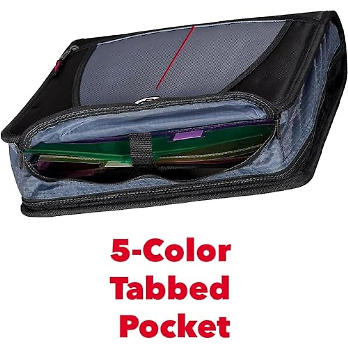 Case-it Mighty Zip Tab Zipper Binder, 3" O-Ring with 5-Color tabs, Expanding File Folder and Shoulder Strap and Handle, D-146-JBK Jet Black