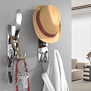 VINHOLD Metal Wall Mounted Towel Hooks, Self-Adhesive Coat Hooks with Tri Hooks for hanging towels, coats, hats, pans, Utility Hooks for bathrooms, bedrooms,kitchens(2 pack，glossy)