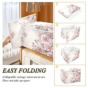 ALAZA Storage Bins Organizer Box Baskets Lidded Clothes for Shelves Closet Pink Rose Retro Collapsible Stackable Storage Cubes Handles