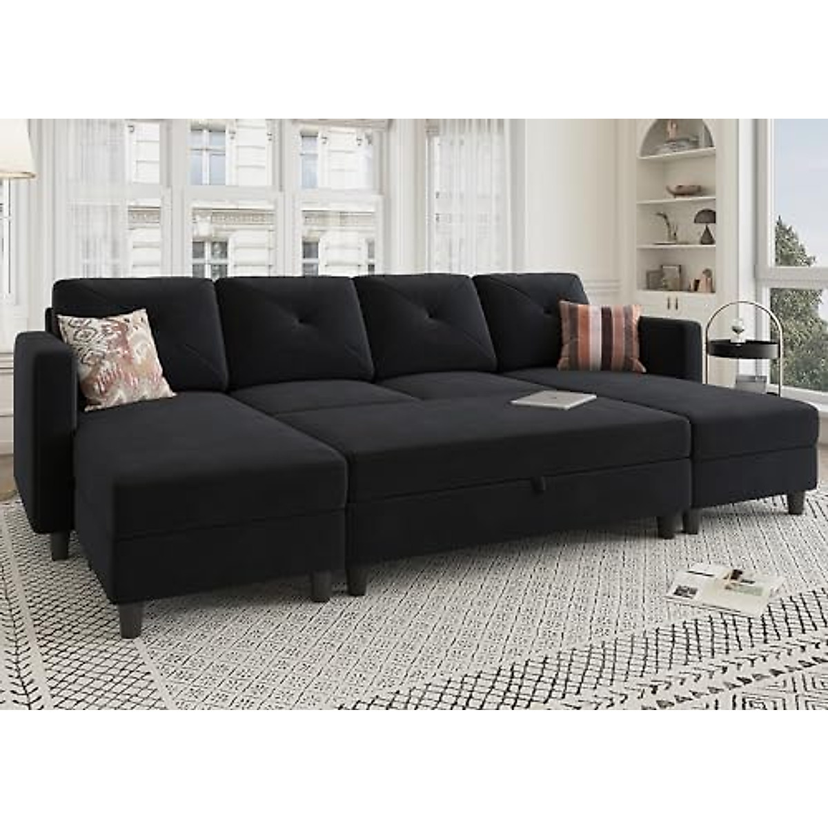 HONBAY Sleeper Sectional Sofa Set Velvet U Shaped Couch with Storage Ottoman 4-Seat Sectional Sofa Set for Living Room, Black