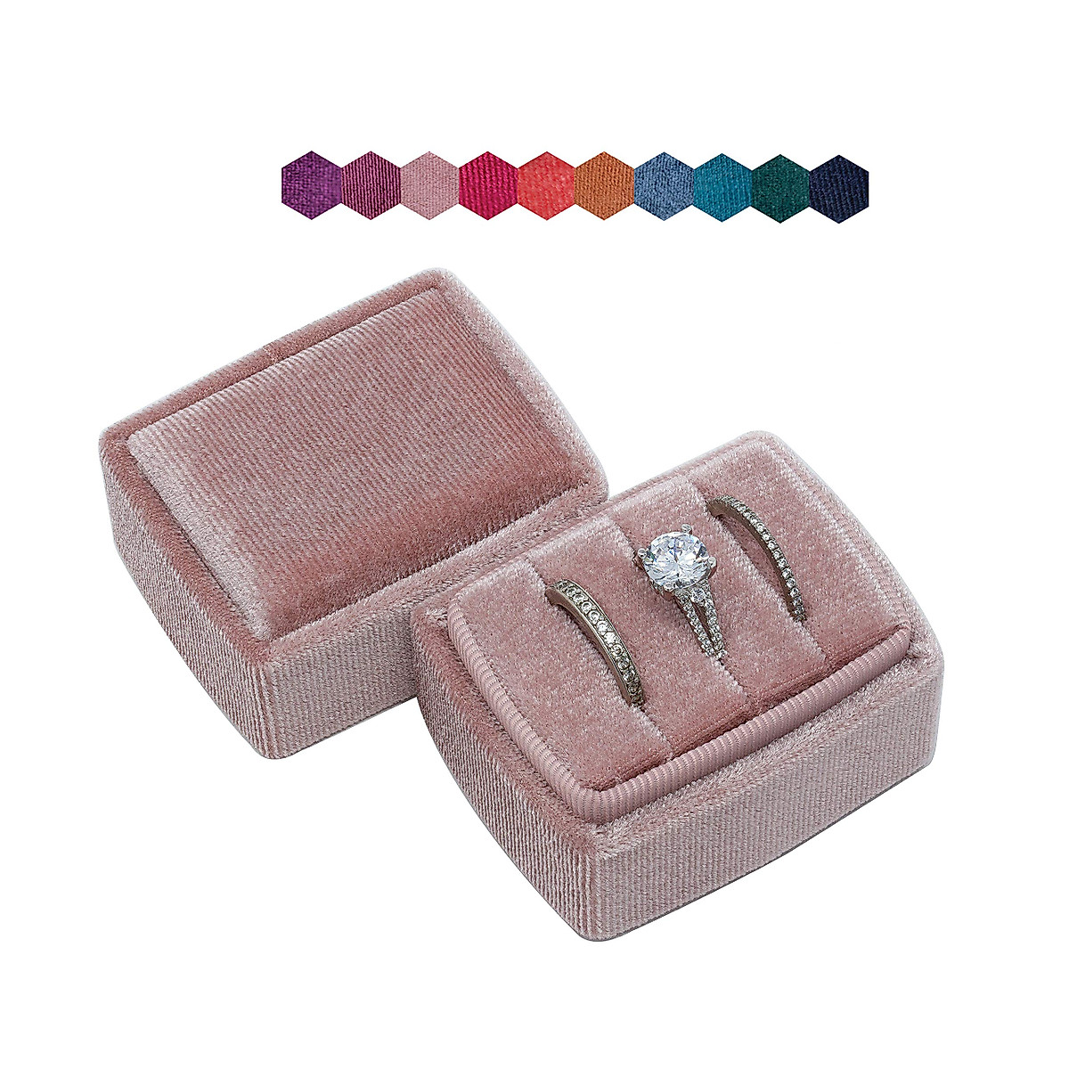 Beatrix & Luca 3 Ring Velvet Ring Box | Ring Holder | Jewelry | Proposal | Wedding | Ceremony | Engagement | Photography | Keepsake | Bridal Rectangle Triple (Dusty Rose Triple)