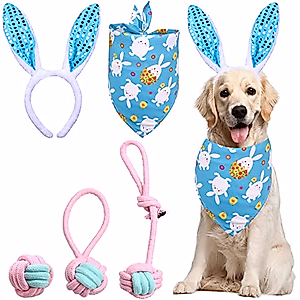 Dog Easter Bunny Costume, 5 Pieces Sequin Pet Rabbit Ears Headband Headwear, Rabbit Egg Bandana, Teething Chew Rope Ball Toy Set, Dog Easter Costumes for Small Medium Dogs Puppy Party Accessory (Blue)