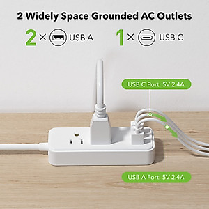 BN-LINK Flat Plug Power Strip with 2 AC Outlets, 2 USB A and 1 USB C Ports(5V,2.4A), 6 Feet Extension Cord, Compact Nightstand Desktop Charging Station for Travel, Dorm, Cruise Ship, ETL & FCC Listed