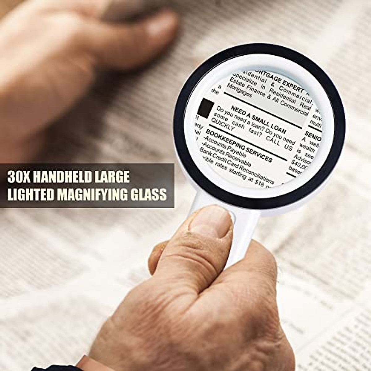 Magnifying Glass with Light, 30X Handheld Magnifying Glass, 12 LED Illuminated Lighted Magnifier for Low Vision Seniors Reading, Macular Degeneration, Soldering, Inspection, Coins, Jewelry, Exploring