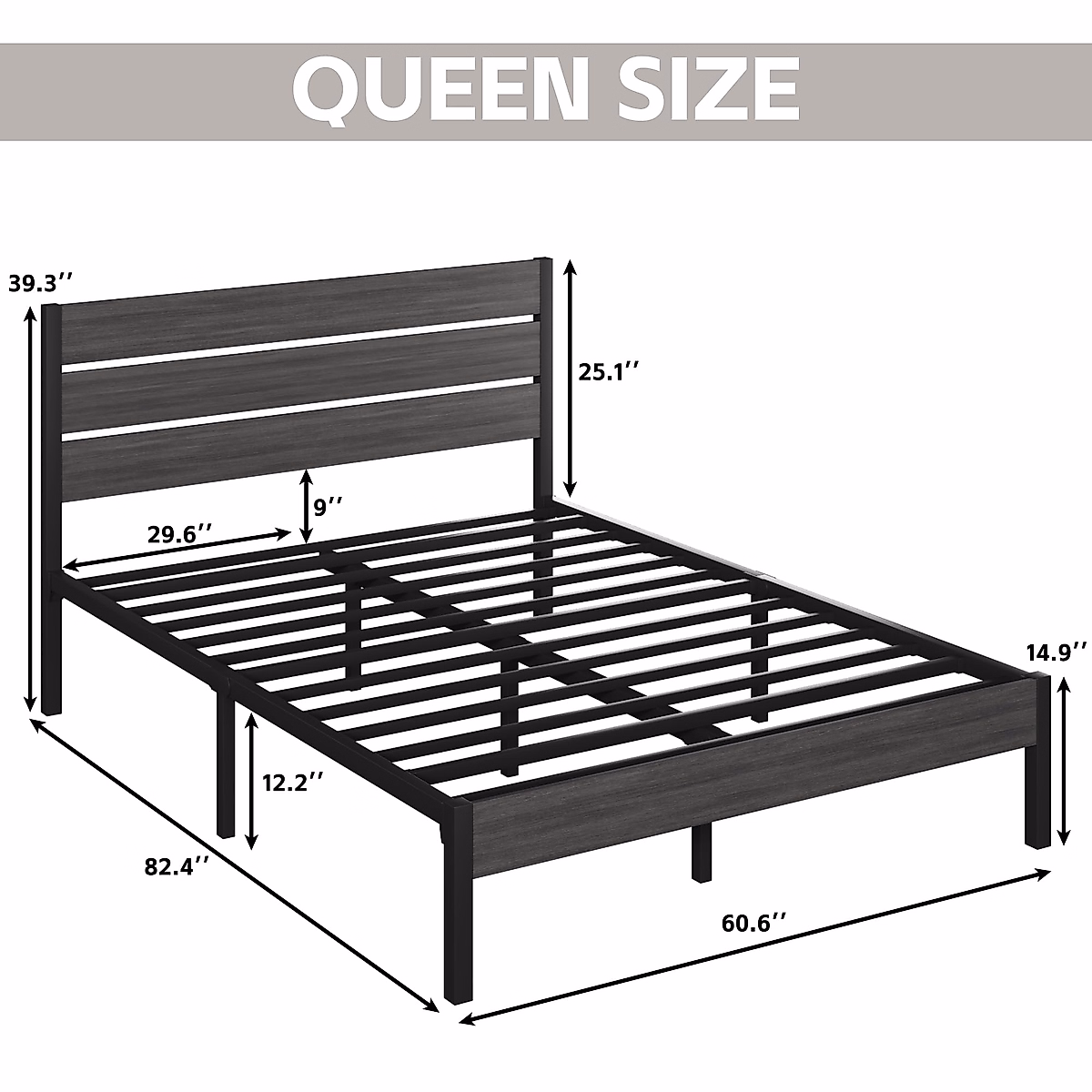 Fluest Queen Bed Frame with Headboard and Footboard, Metal Platform Bed Frame with Under Bed Storage, All-Metal Support System, No Box Spring Needed, Easy Assembly,Rustic Grey