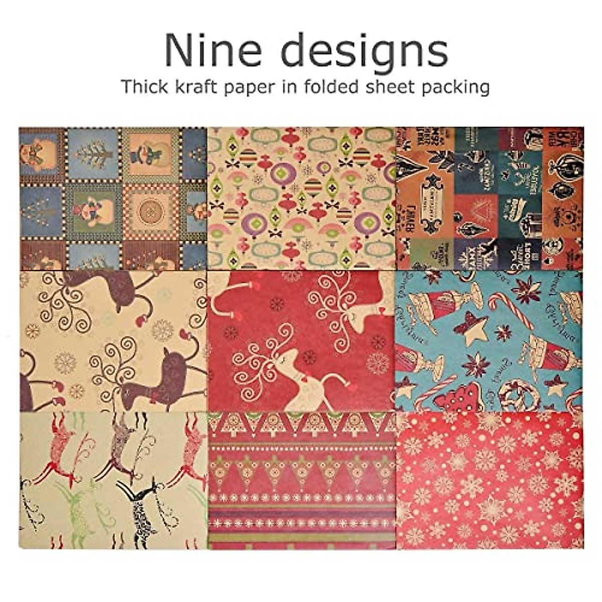 SmoTecQ Christmas Gift Wrapping Paper, Made from Recycled Kraft Paper, 10 Pack 70X50CM Folded Sheets with 10 Gift Tags