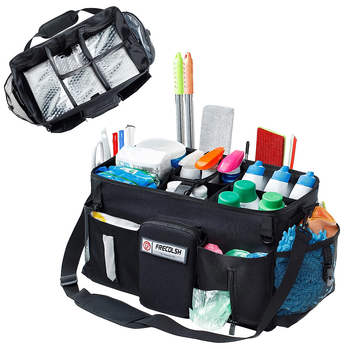 FRECOLSH Large Cleaning Supplies Organizer-Cleaning Caddy Organizer With Handles & Shoulder Strap-Cleaning Bags for Cleaning Suppliers-Housekeepers Wearable Cleaning Tote 2023 Upgraded Black
