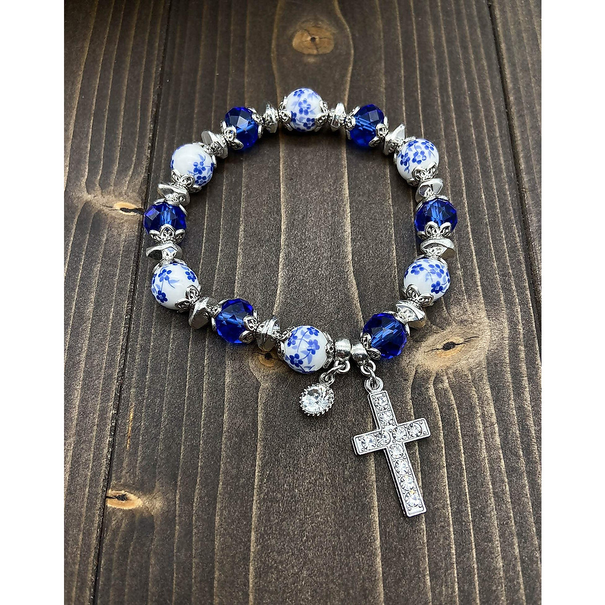 Nazareth Store Handmade Crystallized Glass Beads Cross Bracelet with Ceramic Flower Beads Religious Christian Bangle for Women and Men (Blue)