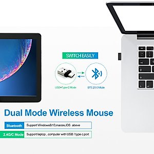 KLO 4 Modes Rechargeable Bluetooth Mouse/Bluetooth 3.0/5.2+USB-2.4G/Type-C,Bluetooth Mouse for MacBook pro/MacBook air/Laptop/iMac/ipad/Notebook/pc（BT/USB-C Black）