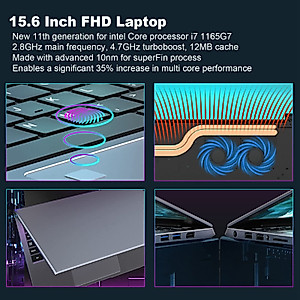 ciciglow 15.6in HD Laptop for Windows 10 11, 16GB RAM 1920 x 1080 Business Laptop, 11th Generation for Intel Core Processor I7 1165G7, 2MP HD Camera, Fingerprint Unlock, Bluetooth 4.0 (512GB US Plug)