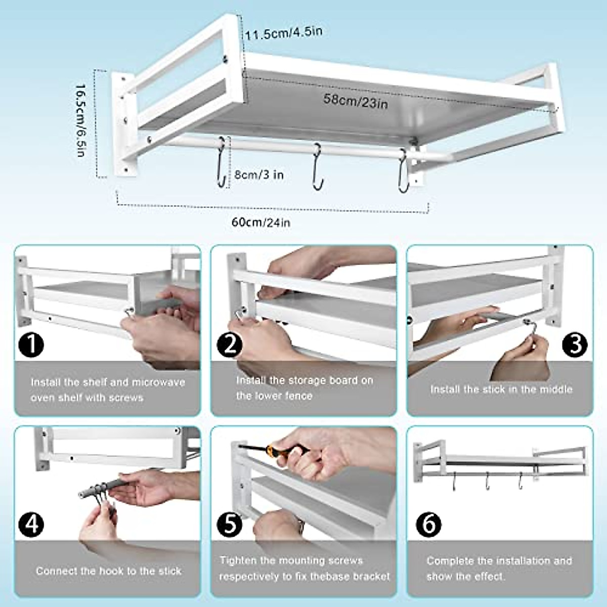 ABCOOL Wall Mount Microwave Oven Shelf Rack for Kitchen Home, Carbon Steel Counter Countertop Holder with Hook Rail and 3 Slidable Hooks
