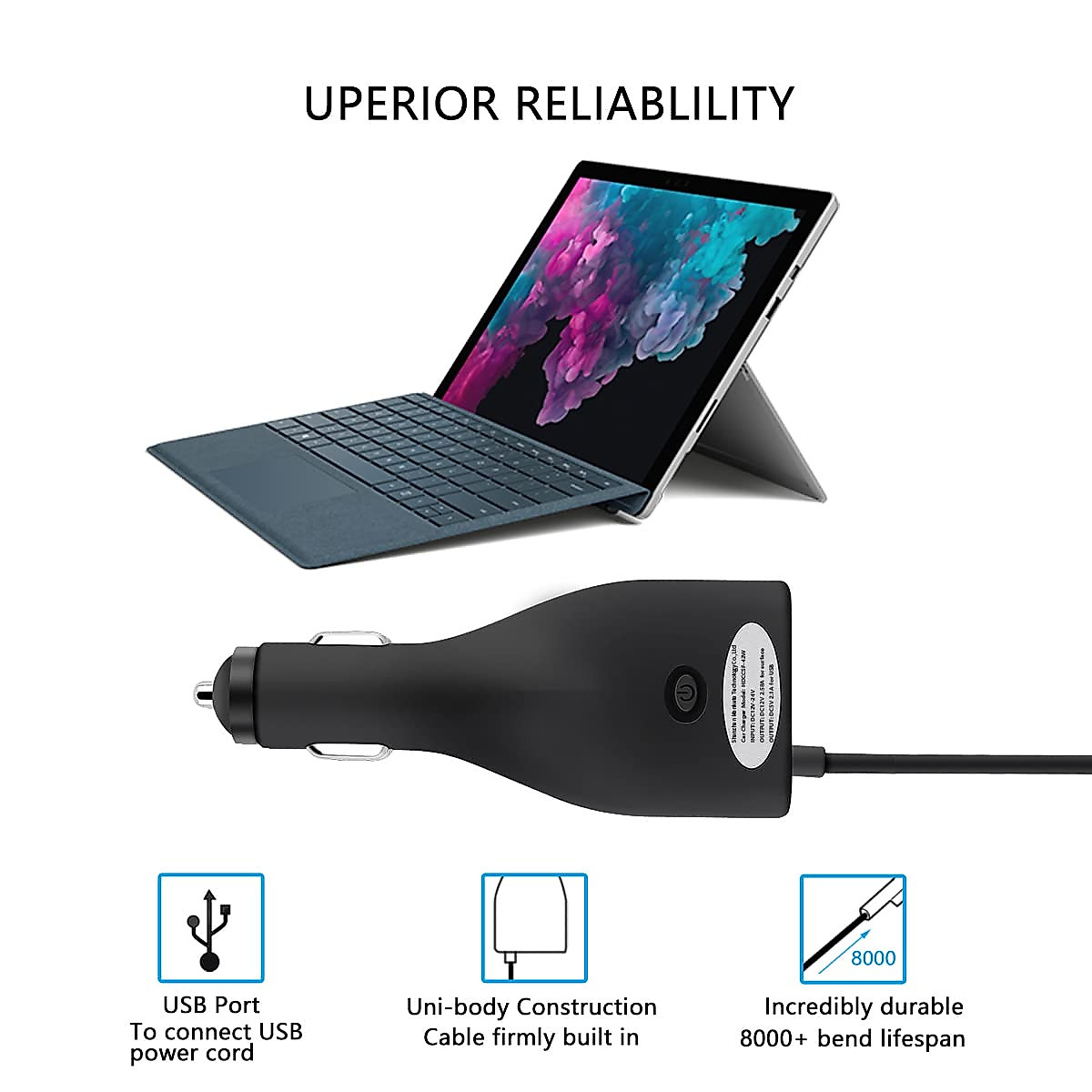 Surface Car Charger, 42W 12V 2.58A Power Supply for Microsoft Surface Pro 3/Pro 4/Pro 5/Pro 6, Surface Book, Surface Go, Surface Laptop with 5V 2.1A USB Charging Port (5Ft Cord)