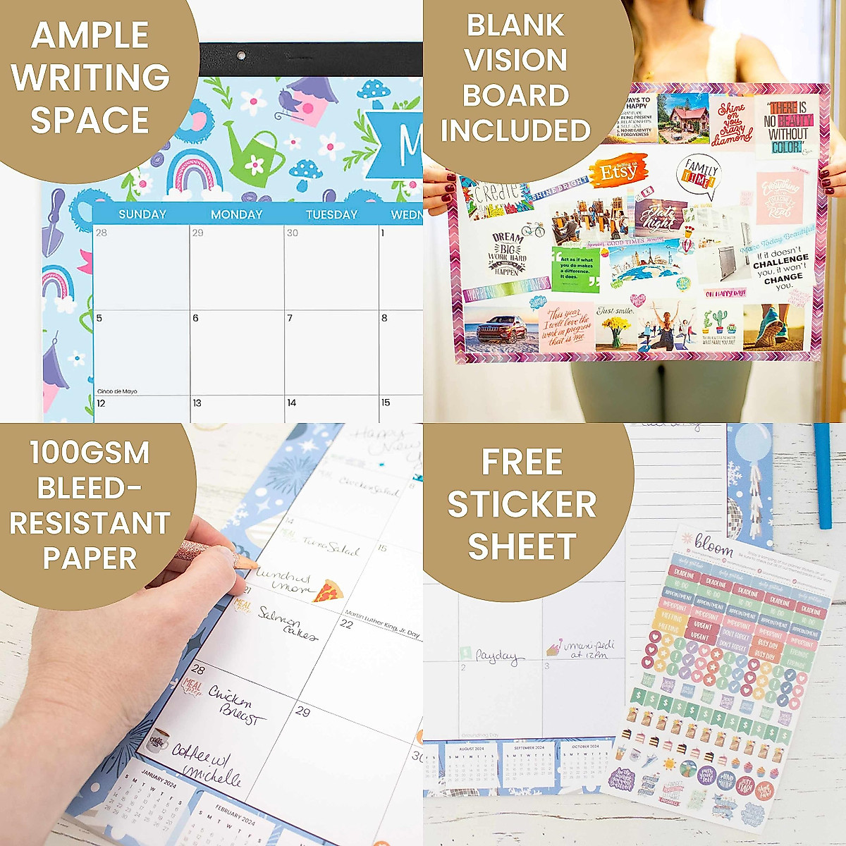 bloom daily planners 2024 Desk Calendar - 21" x 16" Large Monthly Organizer Pad with Stickers (January 2024 - December 2024) Desktop Blotter - Holiday Icons