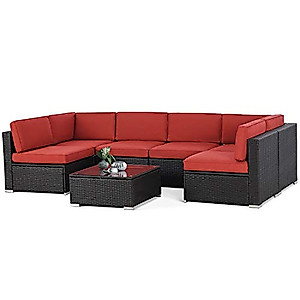 SUNCROWN 7-Piece Outdoor Patio Furniture Sofa Set - All-Weather Wicker Sectional with Washable Cushions and Modern Glass Coffee Table - Red