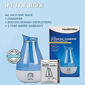 HealthWise Cool Mist Ultrasonic Humidifier | For Medium Size Rooms | No Filter Required | 24 Hour Run Time, Blue, 2.6L