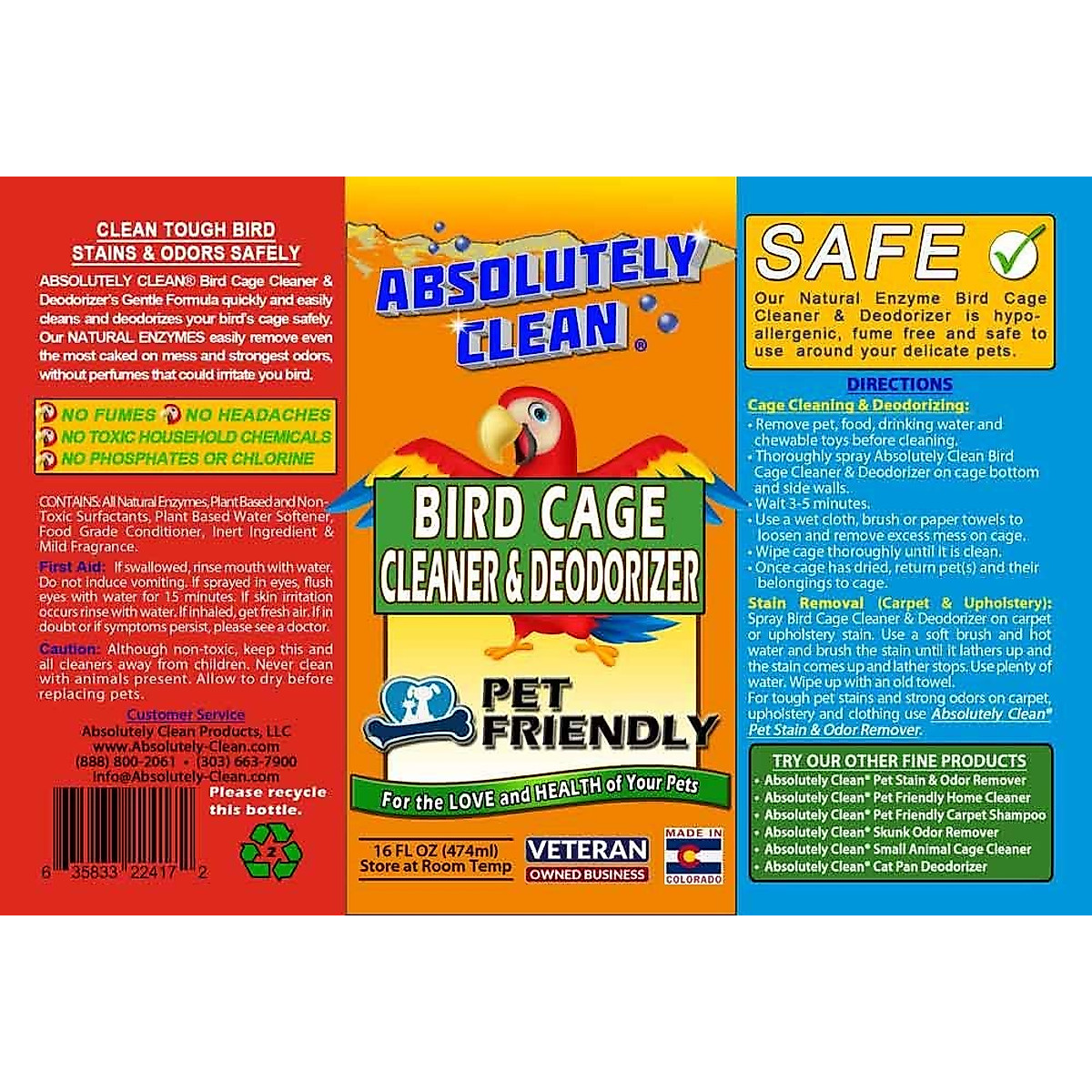Absolutely Clean Amazing Bird Cage Cleaner and Deodorizer - Just Spray/Wipe - Safely & Easily Removes Bird Messes Quickly and Easily - Made in The US 16oz Spray (Pack of 1)