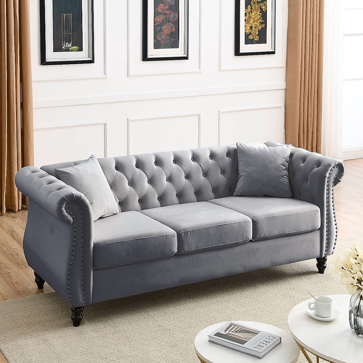 SZUBEE Modern 80" Chesterfield Grey Velvet, 3 Seater Sofa Tufted Couch with Rolled Arms,Nailhead andtwo Pillows for Living Room, Bedroom, Office, Apartment
