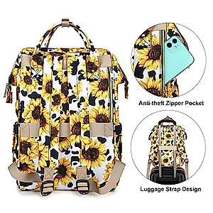 Mimfutu Sunflower Cow Print Laptop Backpack College School Backpack Bookbags Nurse Backpacks Travel Bags Casual Daypacks for Women Girls Fits 15.6 Inch Notebook