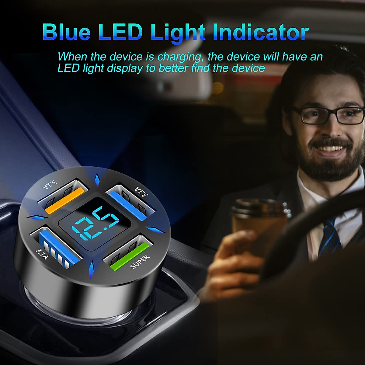 GemCoo 4 Port USB Car Charger Adapter 50W PD & QC3.0 USB 2.4A Cigarette Lighter USB Charger with LED Voltmeter Fast Charger Compatible with iPhone, Android, Samsung, iPad Pro