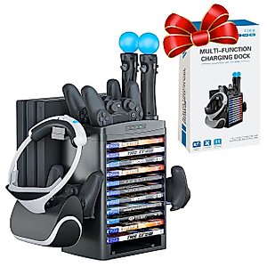 Skywin- Charging Station Compatible with PS4 VR Headset, PSVR Charging Station Stand with Game Disc Rack, Headset and Console Stand, Cooling Fan, Controller Charger and USB Hub - Multipurpose VR Stand