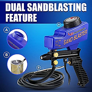 LE LEMATEC Sand Blaster Gun Kit for Air Compressor, Paint/Rust Remover for Metal, Wood & Glass Etching, Up to 150 PSI Continuous Blasting Media for Aluminum, Sand & Soda Blaster Jobs, Blue (AS118-2)