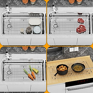 Large Metal Sink Protector for Kitchen Sink,Stainless Steel Sink Bottom Rack 28.8" X 14.8",Kitchen Sink Grate with Side Drain Hole, Kitchen Sink Grid with Strainer for Single Bowl