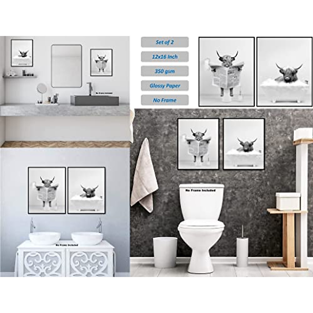 Highland Cow Wall Art Poster – Unframed Set of 2 (12x16 Inch) – Funny Bathroom Wall Decor, Black and White Wall Art, Bathroom Wall Decor, Kids Bathroom Decor, Animal Highland Cows Pictures Posters for Funny Bathroom and Restroom, Modern Cute Chic Cool Uni