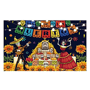 Allenjoy Day of The Dead Dia DE Los Muertos Backdrop Mexican Sugar Skull Flower Tombstone Fiesta Marigold Carnival Dress-up Party Background Cake Table Decor Photoshoot Photo Booth Studio Props