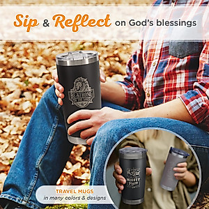 Christian Art Gifts Large Travel Tumbler for Men & Women Stainless Steel Vacuum Insulated Inspirational Scripture: Be Strong Engraved Lion, Retractable Lid, Black, 18 oz.