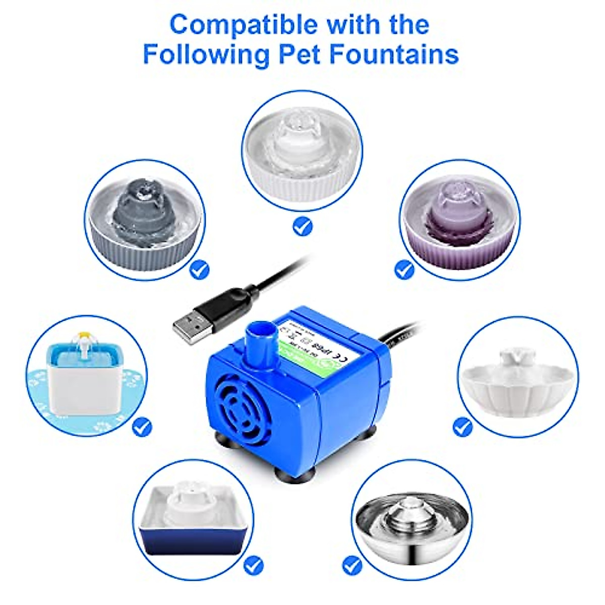 Cepheus Replacement Pump for Cat Water Fountain - Extreme Silent Pet Fountain DR-DC160 Pump with 6 ft USB Cable Cord for Automatic Cat Water Fountain Stainless Steel (No Adapter)